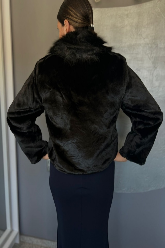 Capa dama blana ecologica cu guler si accesoriu, Negru, S INTL - eMAG.ro