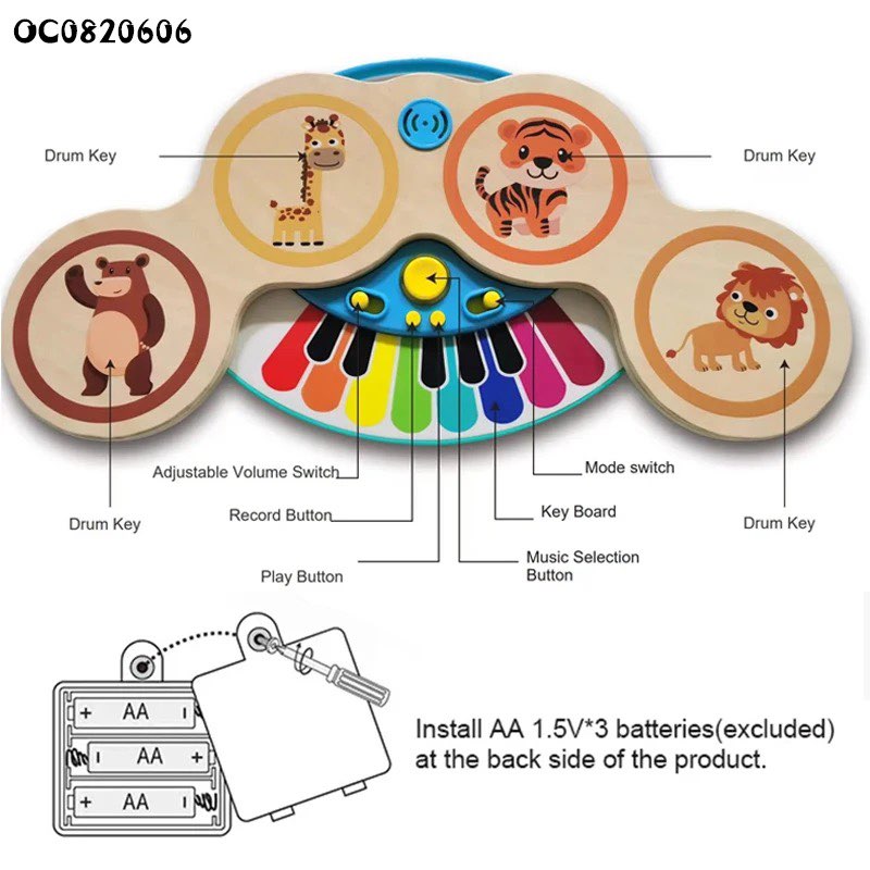 Jucarie interactiva muzicala pentru bebelusi, Magic Touch, pian si set tobe din lemn pentru ...