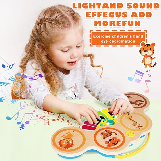 Jucarie interactiva muzicala pentru bebelusi, Magic Touch, pian si set tobe din lemn pentru ...