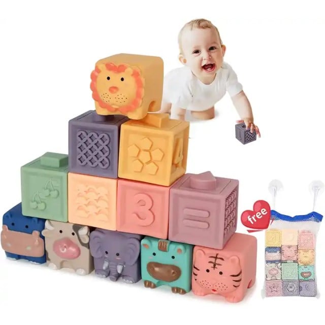 Set 12 cuburi silicon copii, jucarie educationala colorata, Empria ...