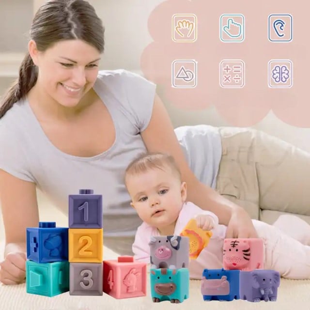 Set 12 cuburi silicon copii, jucarie educationala colorata, Empria ...