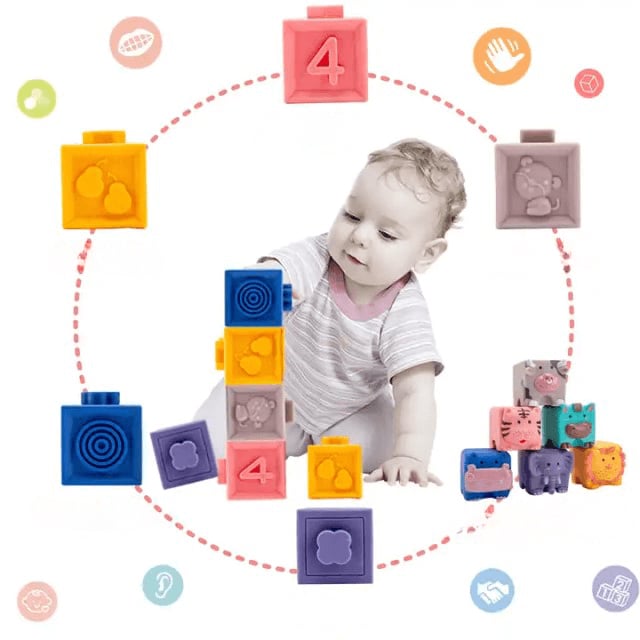 Set 12 cuburi silicon copii, jucarie educationala colorata, Empria ...