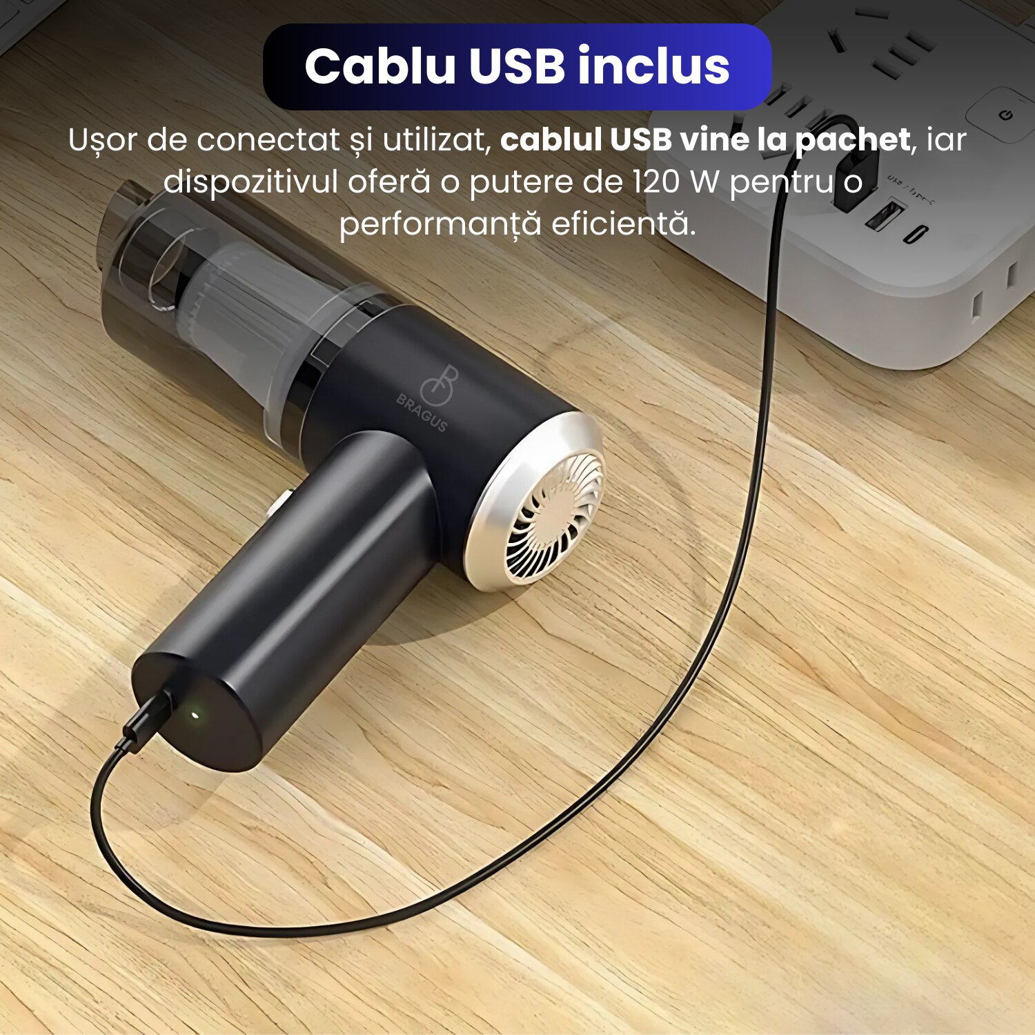 Mini aspirator auto portabil, fara fir, incarcare prin USB, aspirare ...