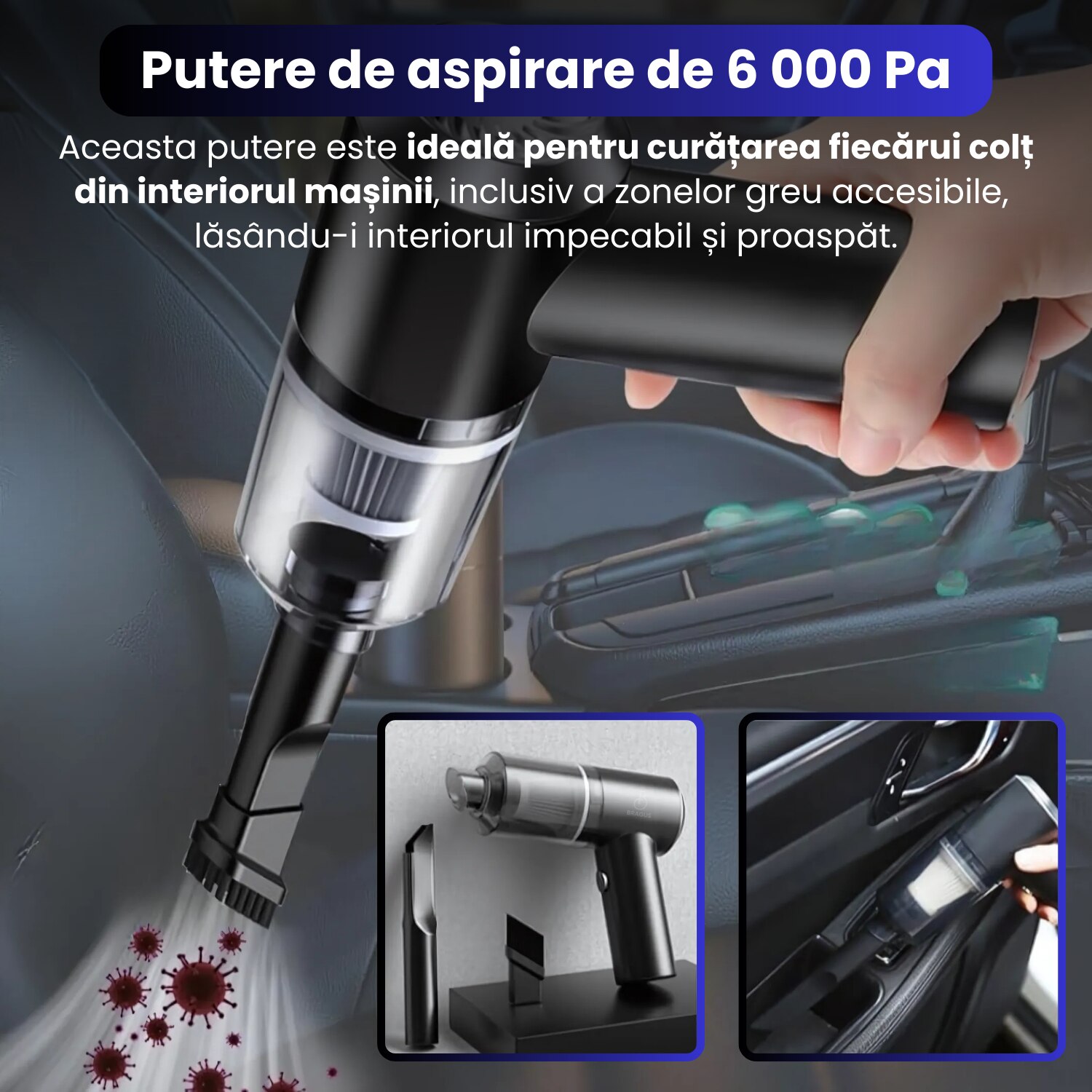 Mini aspirator auto portabil, fara fir, incarcare prin USB, aspirare ...