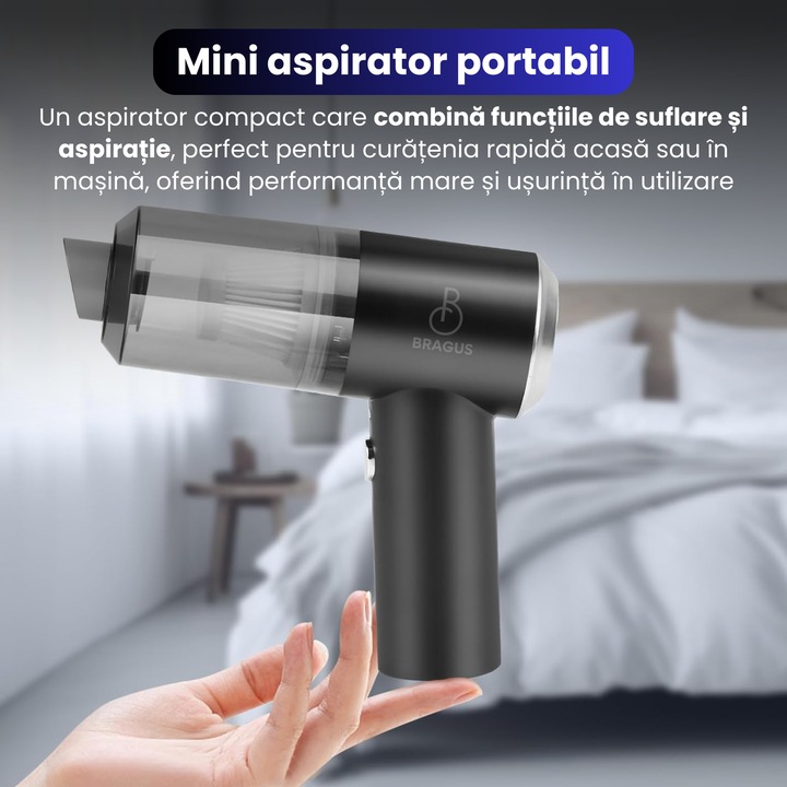 Mini aspirator auto portabil, fara fir, incarcare prin USB, aspirare ...