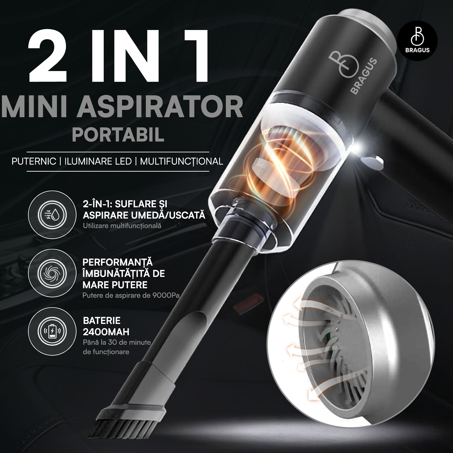Aspirator Auto 2 in 1 Portabil, BRAGUS, 9000 Pa, 120W, Acumulator ...