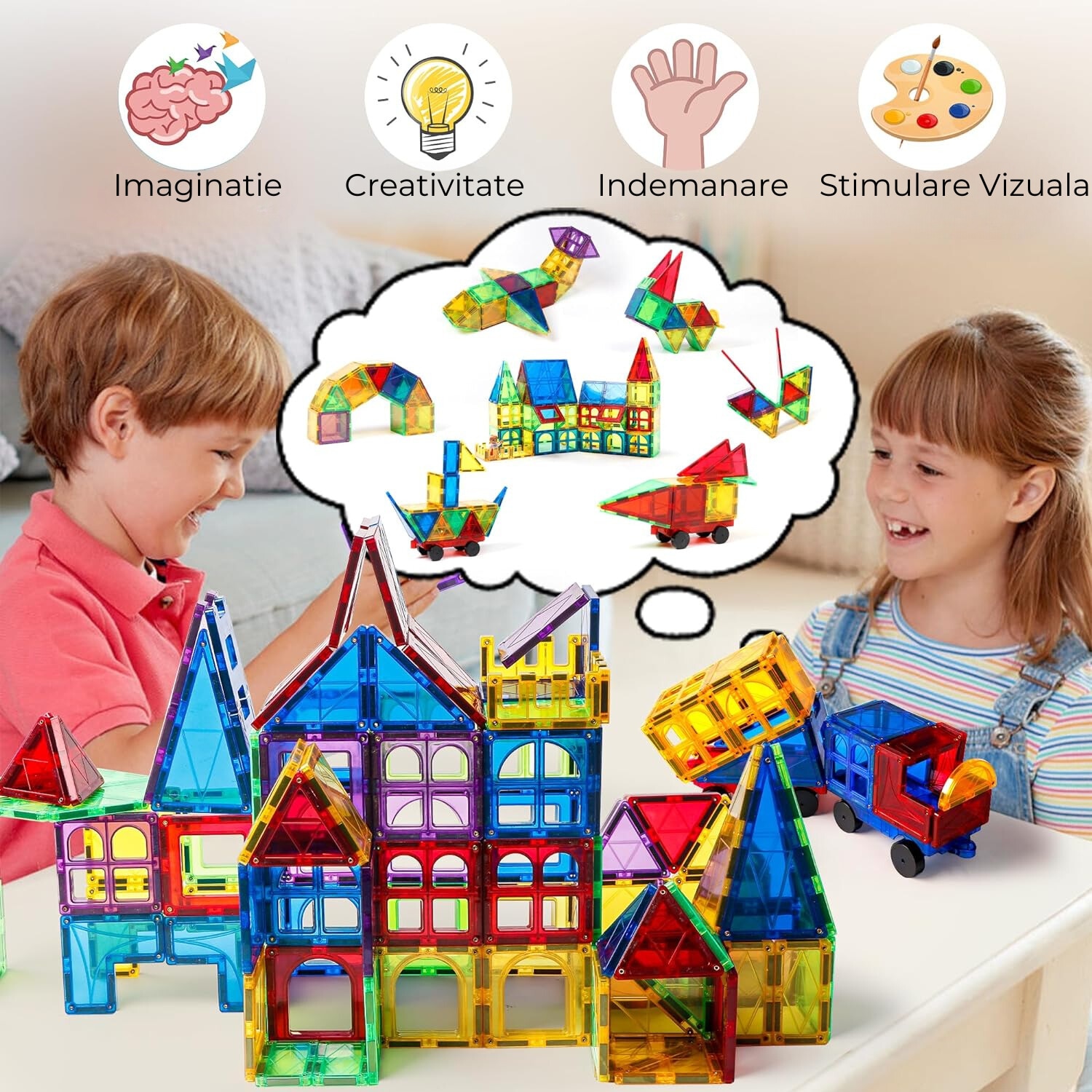 Set inteligent de constructie cu placi magnetice, 116 piese mari, 2 ...