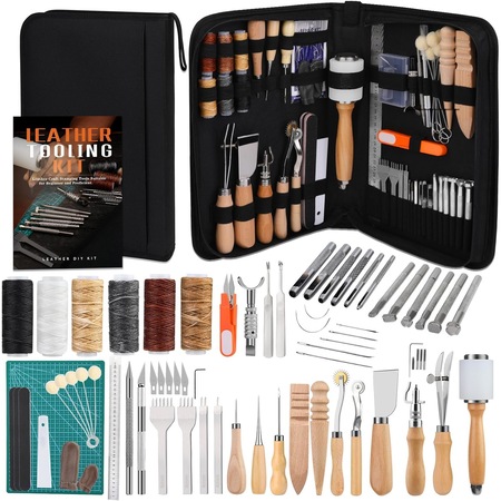 Set profesional de prelucrare a pielii, 65 de piese, stampile, perforatoare, scule marochinarie ...