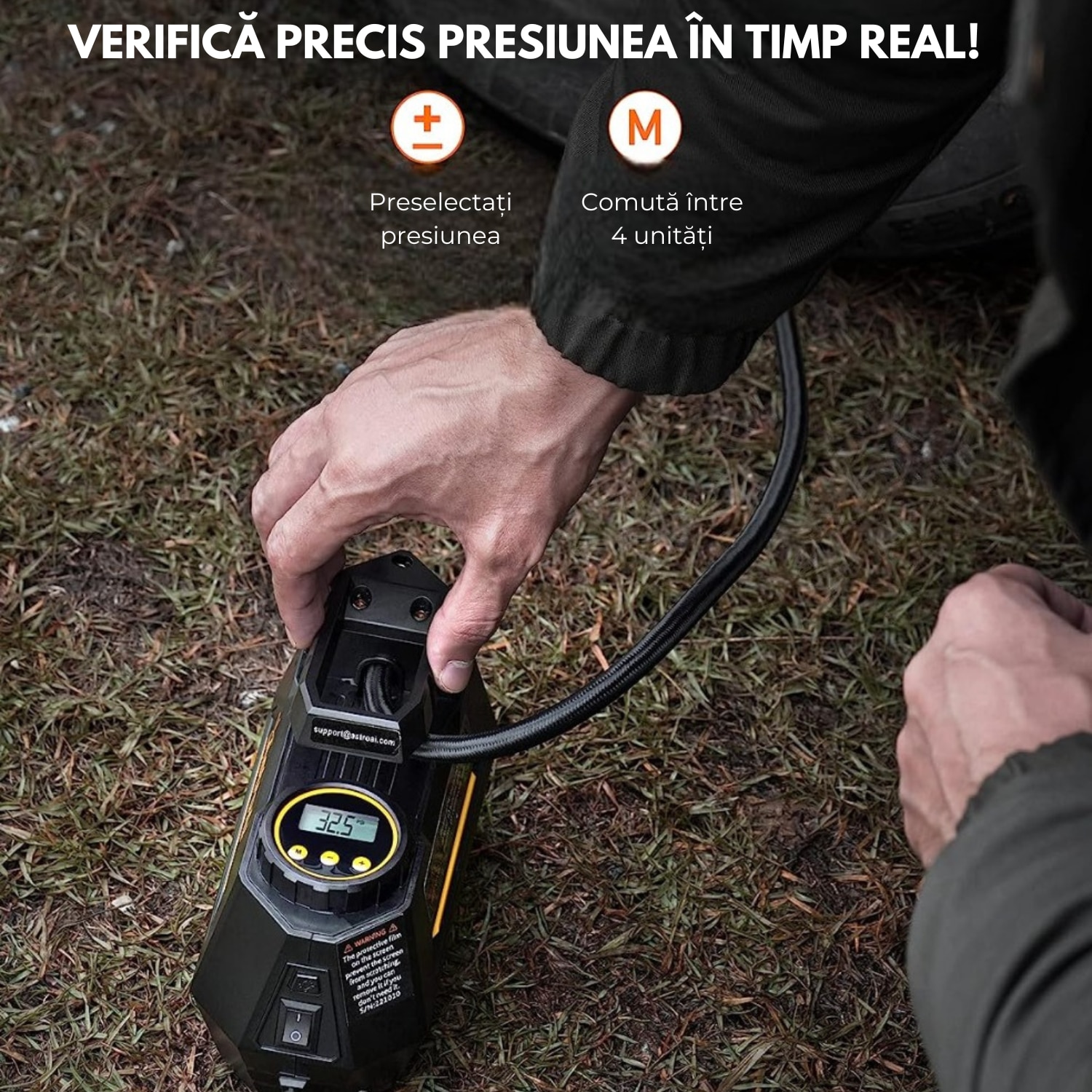 Compresor Auto Portabil Elindor® 100 PSI, Manometru Digital, Lanterna ...