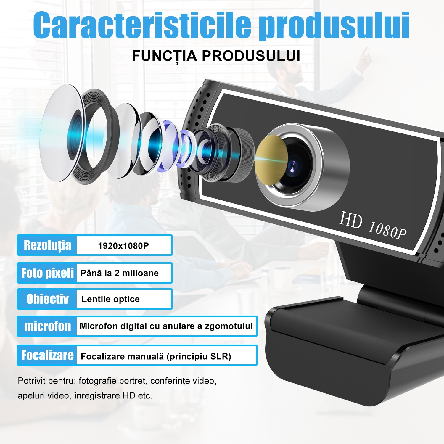 Camera Web, Xinxu, Full HD, 1080P, Microfon Incorporat, Reducere Zgomot ...