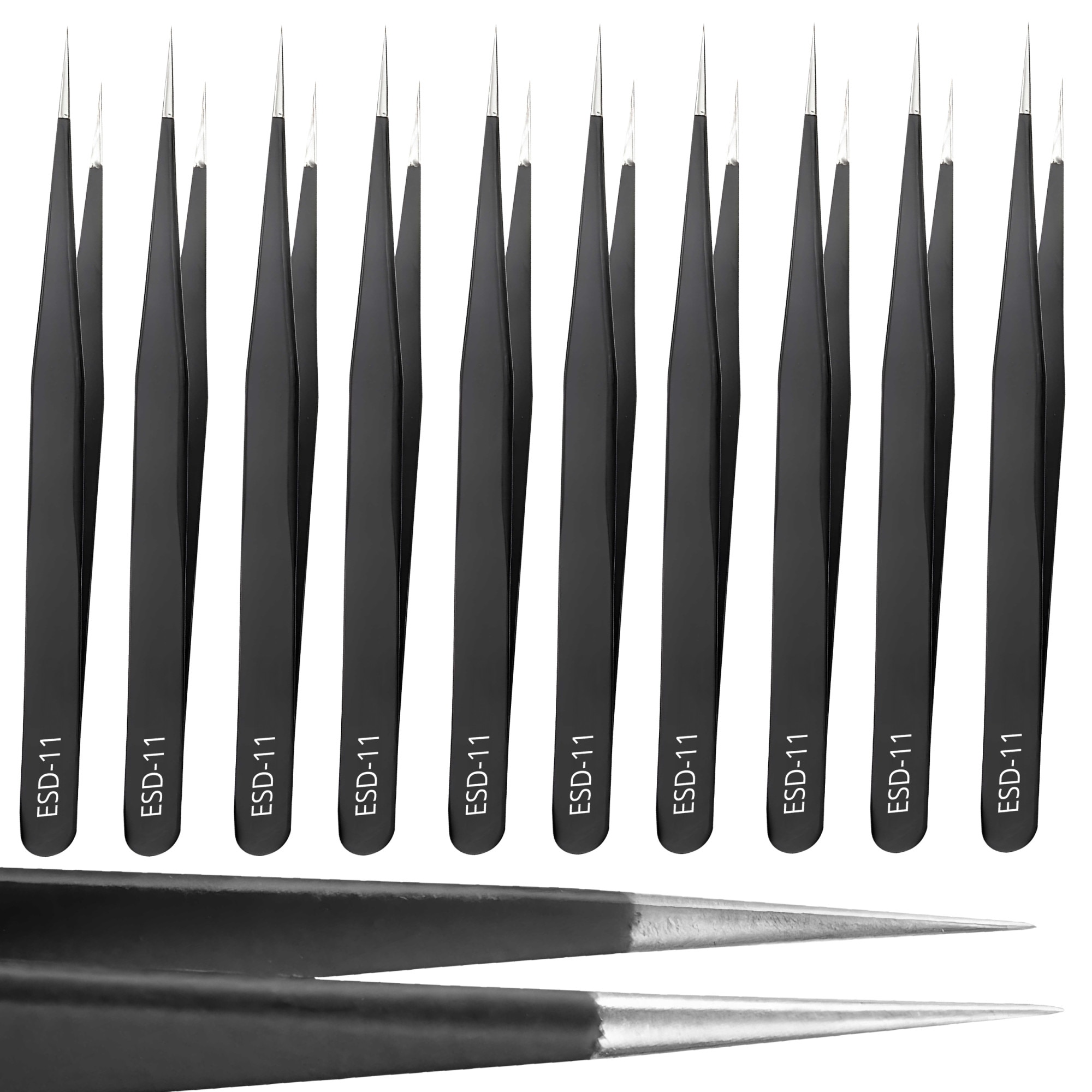 Set 10 pensete ESD-11, otel inoxidabil, Argintiu/Negru - eMAG.ro