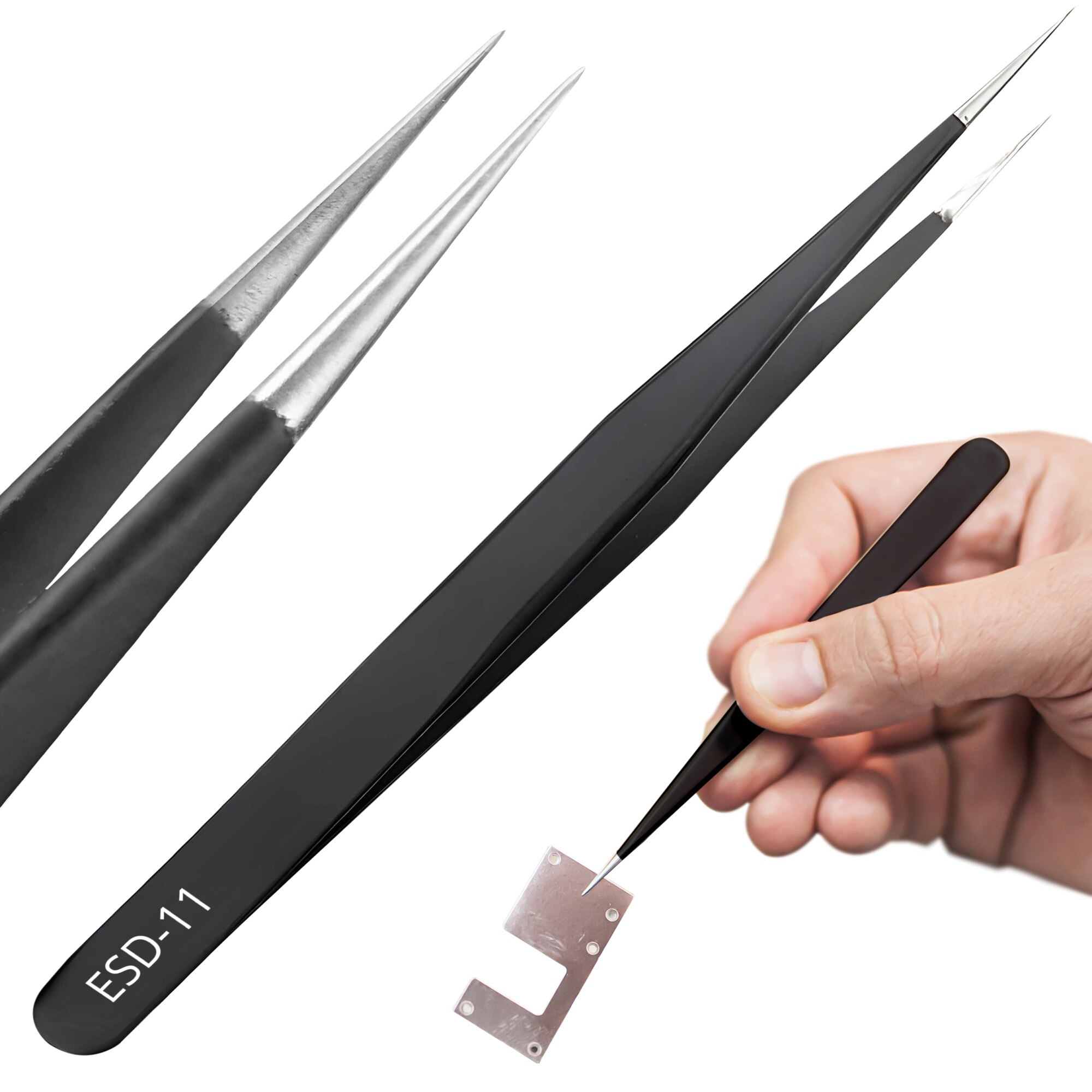 Комплект от 10 пинсети ESD-11, неръждаема стомана, сребристо/черно ...