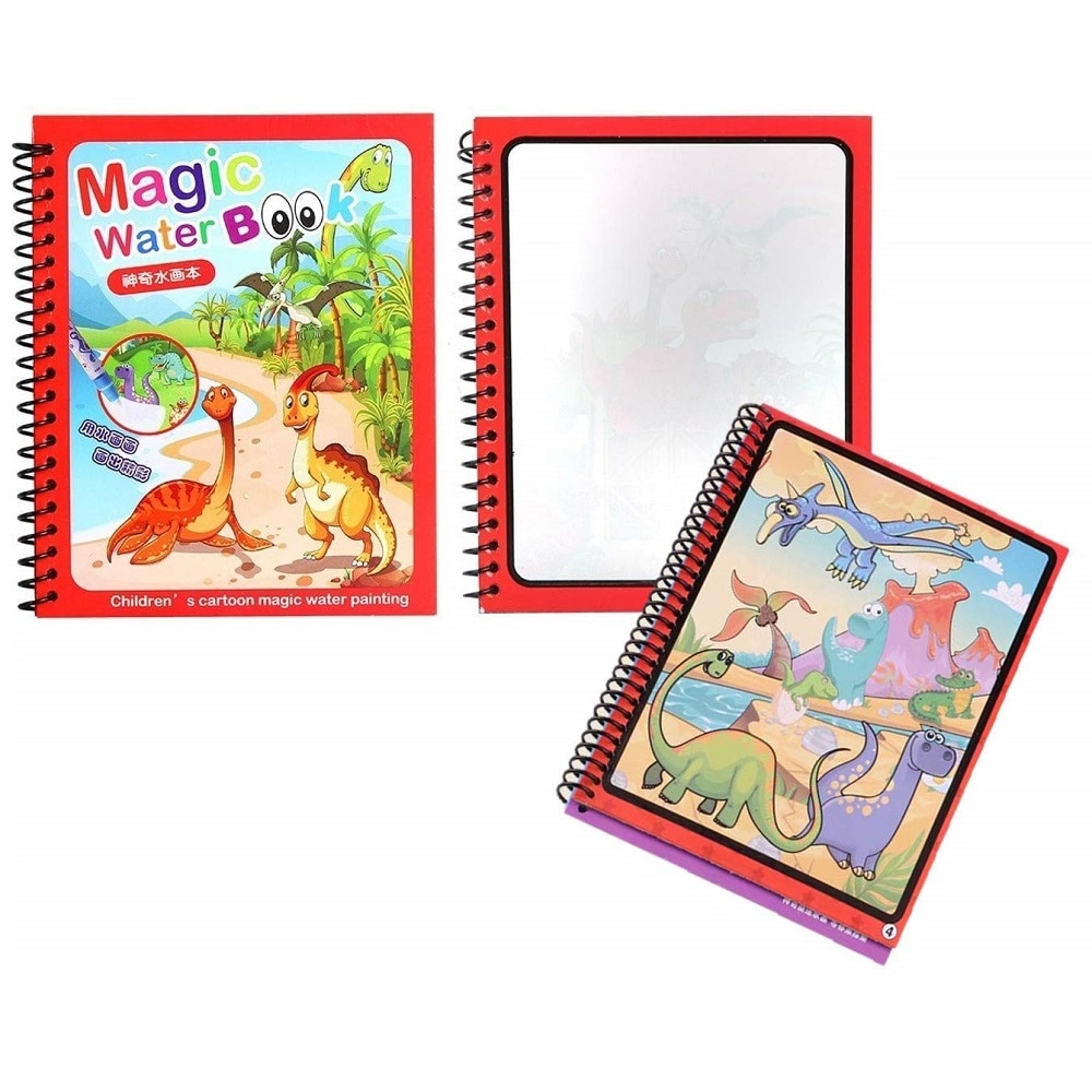 Carte de colorat cu apa, reutilizabila, Magic water Book, Dinozauri, 4 ...