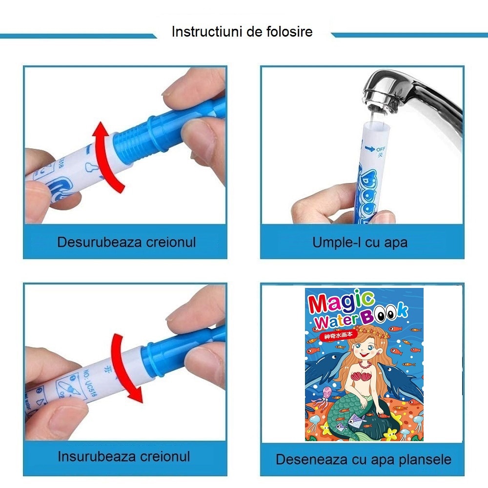 Carte de colorat cu apa, reutilizabila, Magic water Book, Sirene, 4 ...