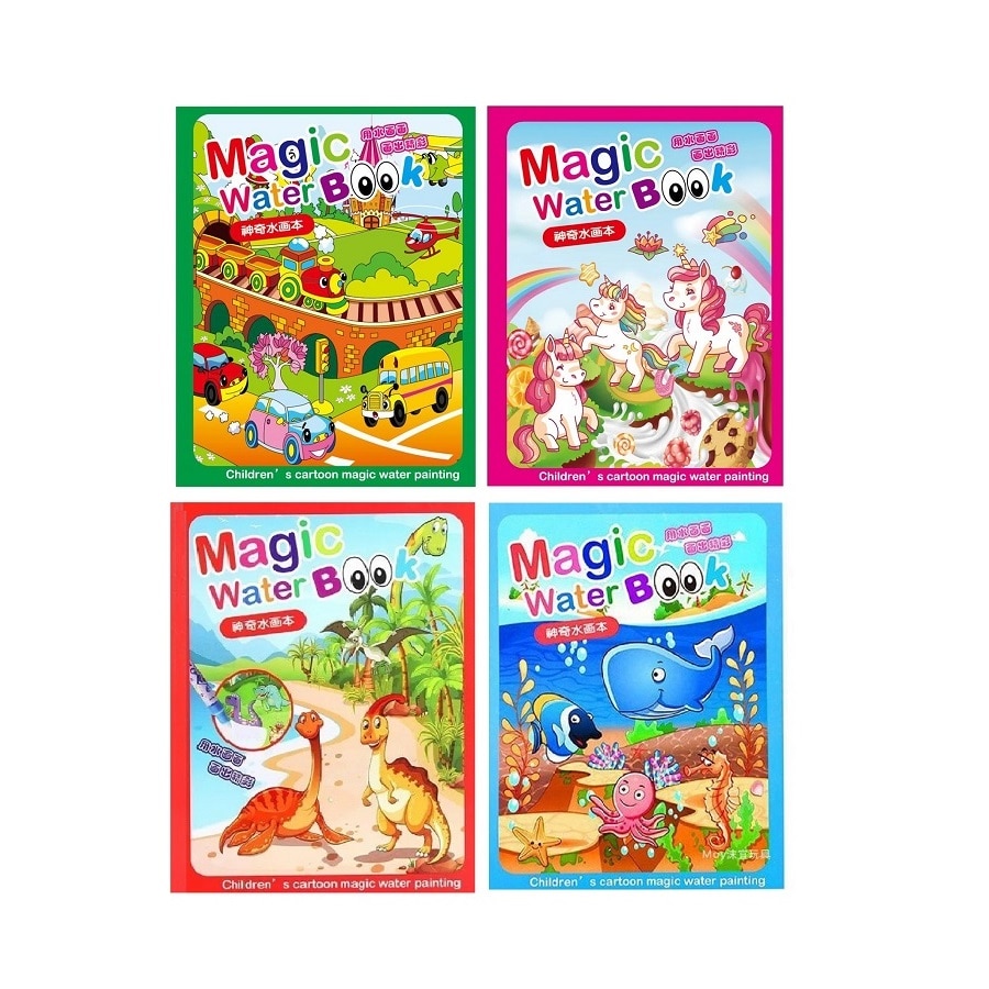 Set 4 carti de colorat cu apa, Magic water Book, reutilizabile, 16 ...