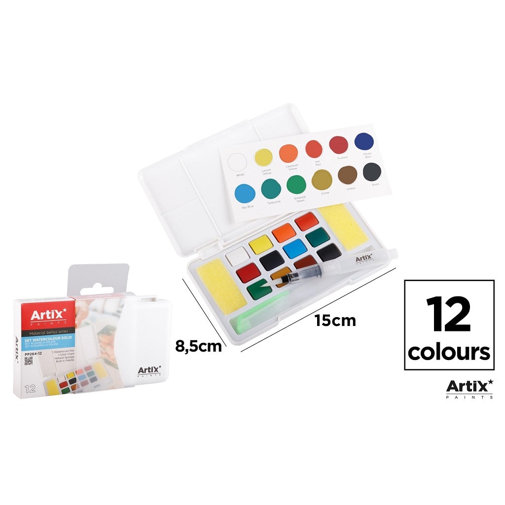 Paleta acuarele cu vopsea solida, 12 culori, burete si o pensula cu ...