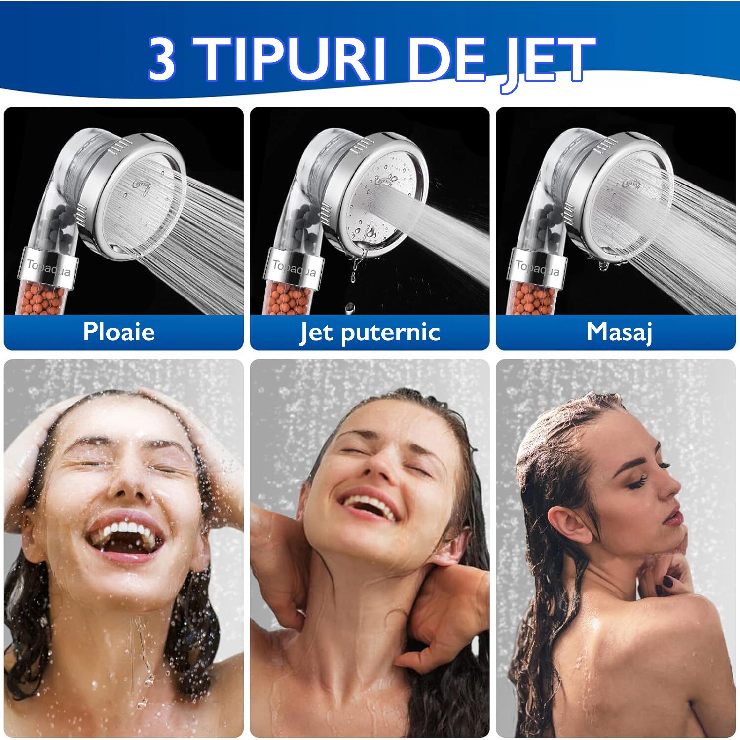 Para cap de dus Topaqua® C400, 3 moduri jet, buton on/off, filtrare ...