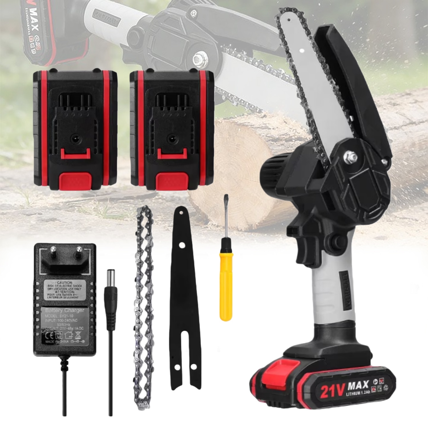 Мини електрически верижен трион MOSMAOO®, 21V, 1200mAh, 2 батерии, сив ...
