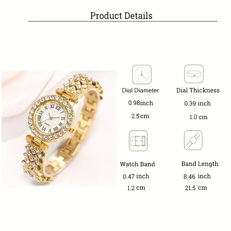 Set 5 piese, Ceas dama cu pietre, colier cu pandantiv, bratara, cercei ...