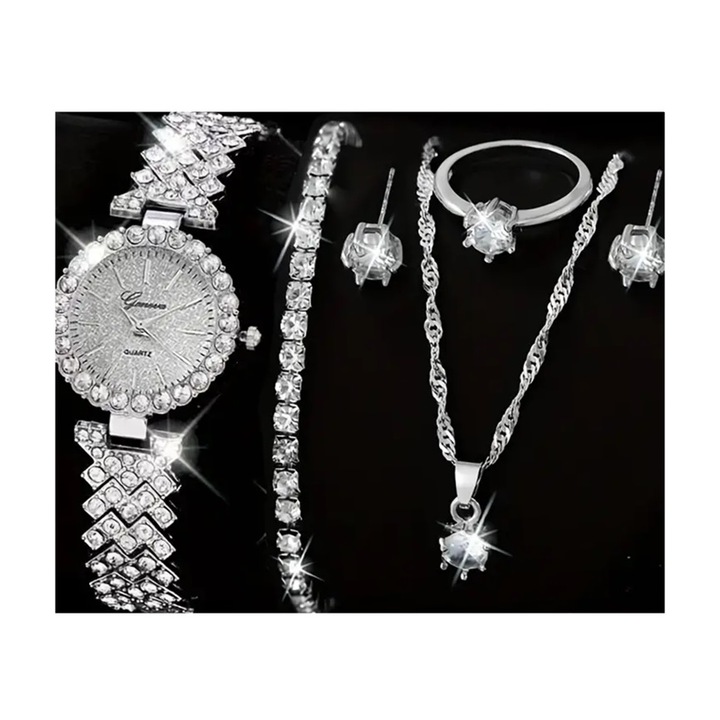 Set 5 piese, Ceas dama cu pietre, colier cu pandantiv, bratara, cercei ...