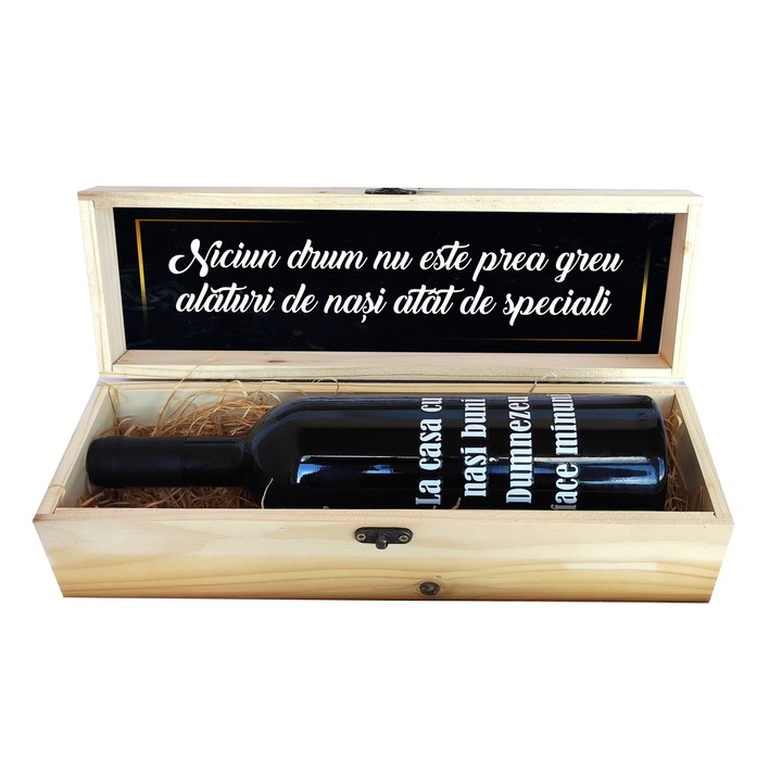 Cutie de vin cadou pentru nasi cu sticla personalizata, Lemn, 11x35x11 ...