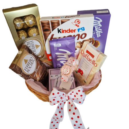 Pachet cadou pentru copii, cu Ceas Q&Q Roz, Cutie cadou, Kinder Bueno ...