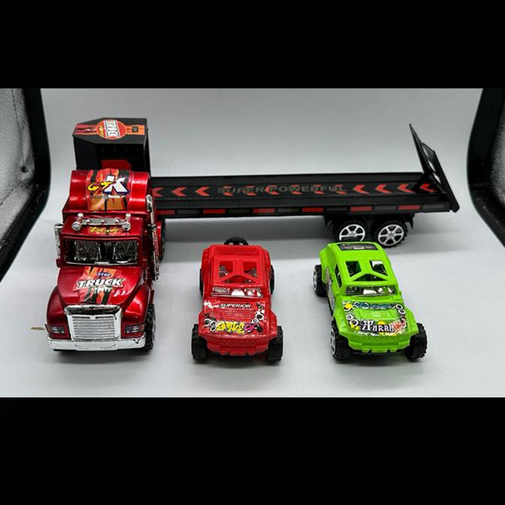 Set tir cu platforma si 2 masini de teren, Show Truck, 43 cm, Vision ...