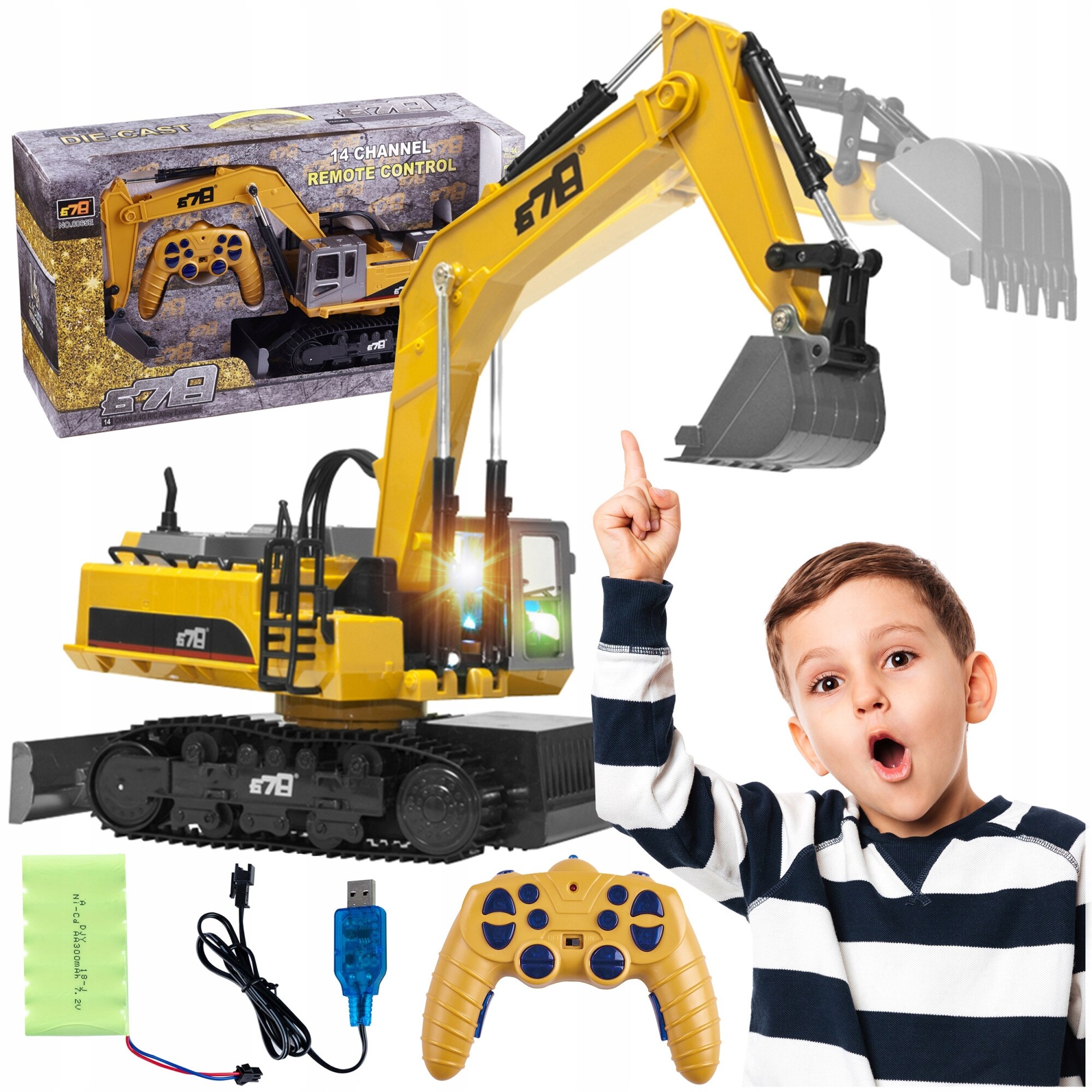 Excavator cu telecomanda, scara 1/14, cu telecomanda, incarcare USB, 14 ...