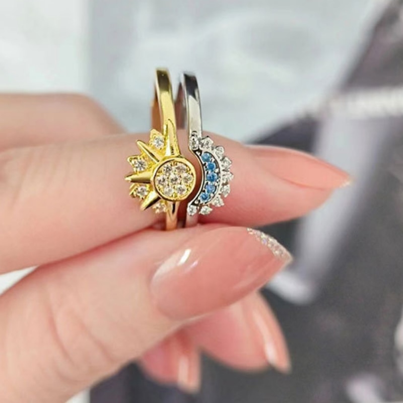 Set de inel soare si luna, 2 buc, Auriu/Argintiu, reglabila - eMAG.ro