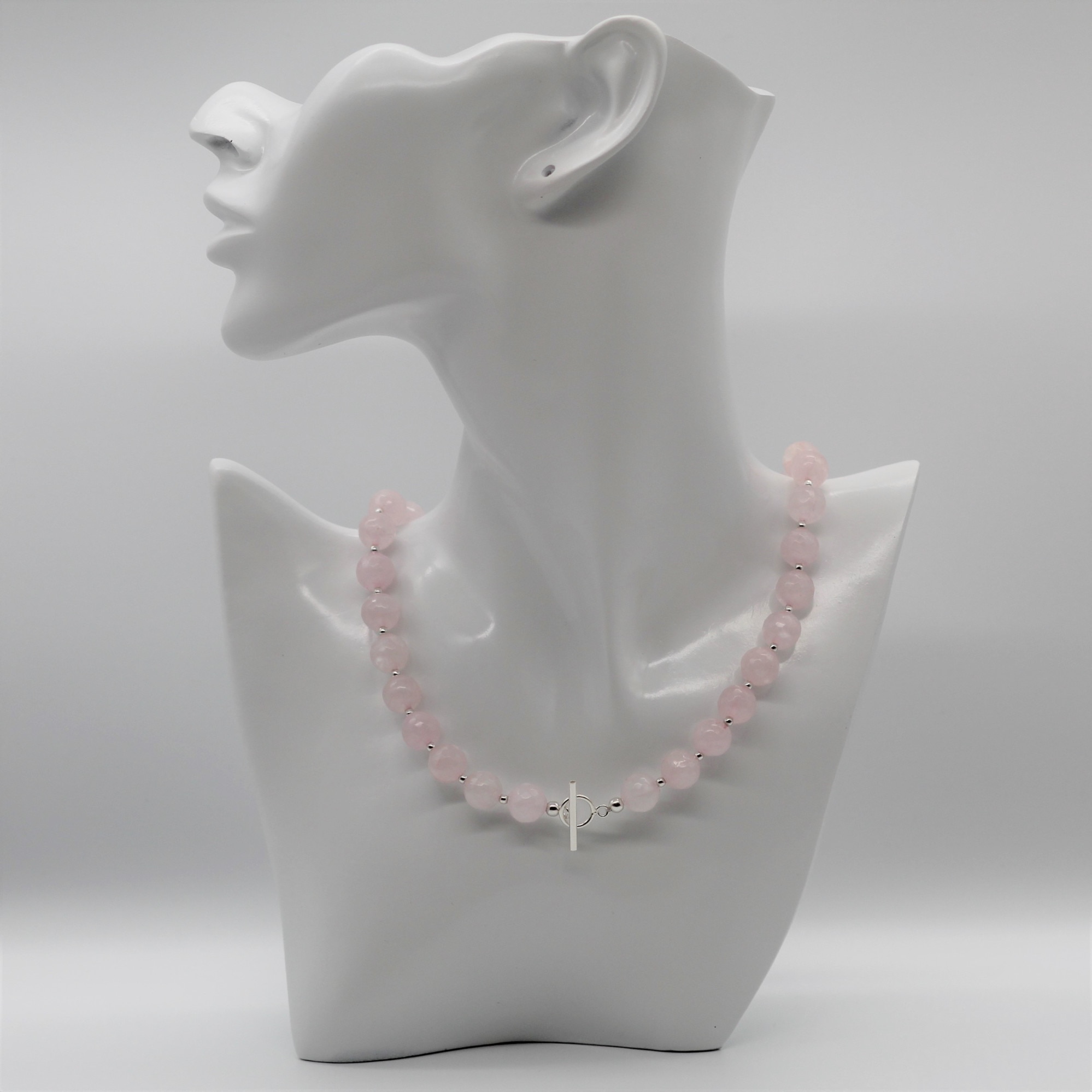 Colier din pietre semipretiose cuart roz cu bilute din argint 925, 45 ...