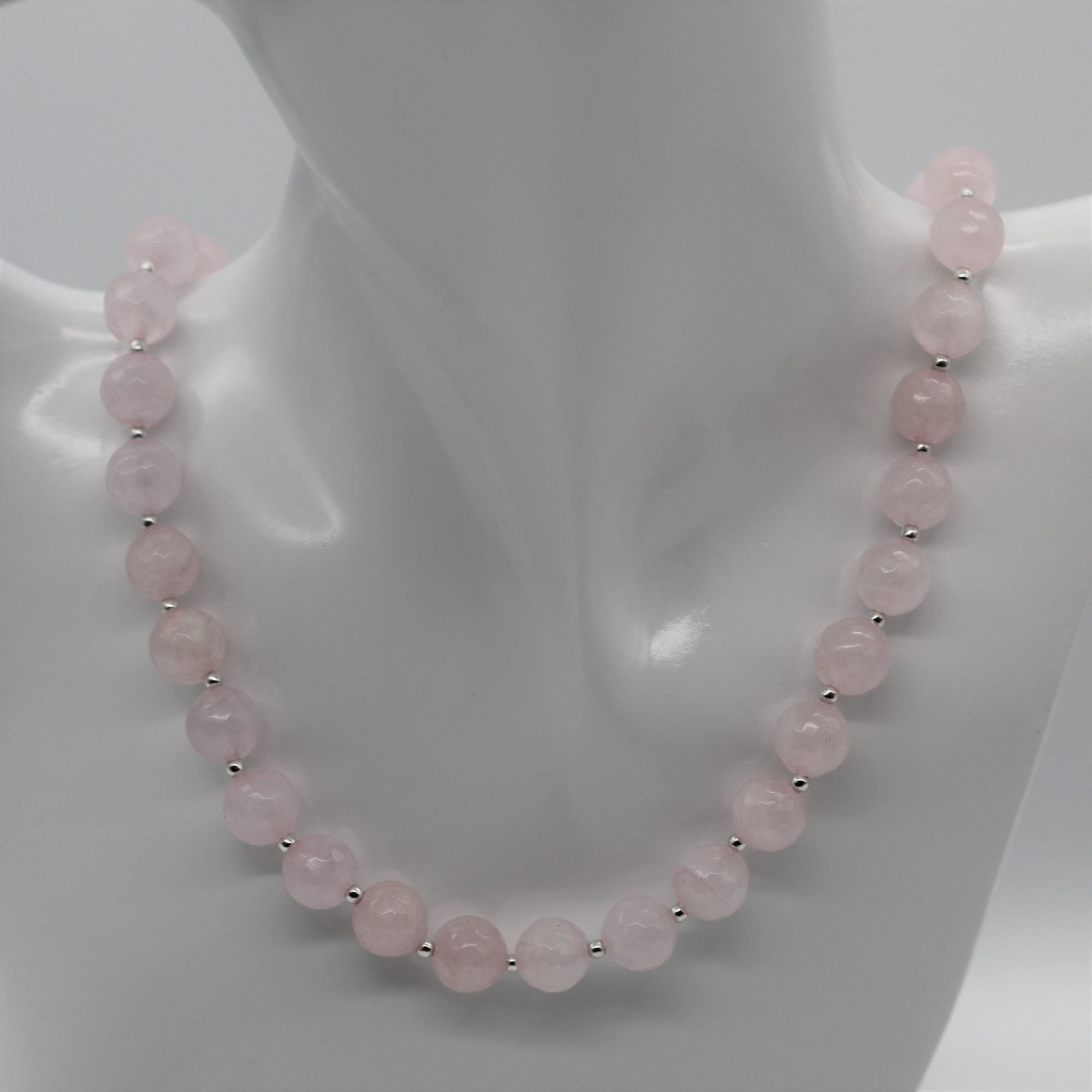 Colier din pietre semipretiose cuart roz cu bilute din argint 925, 45 ...