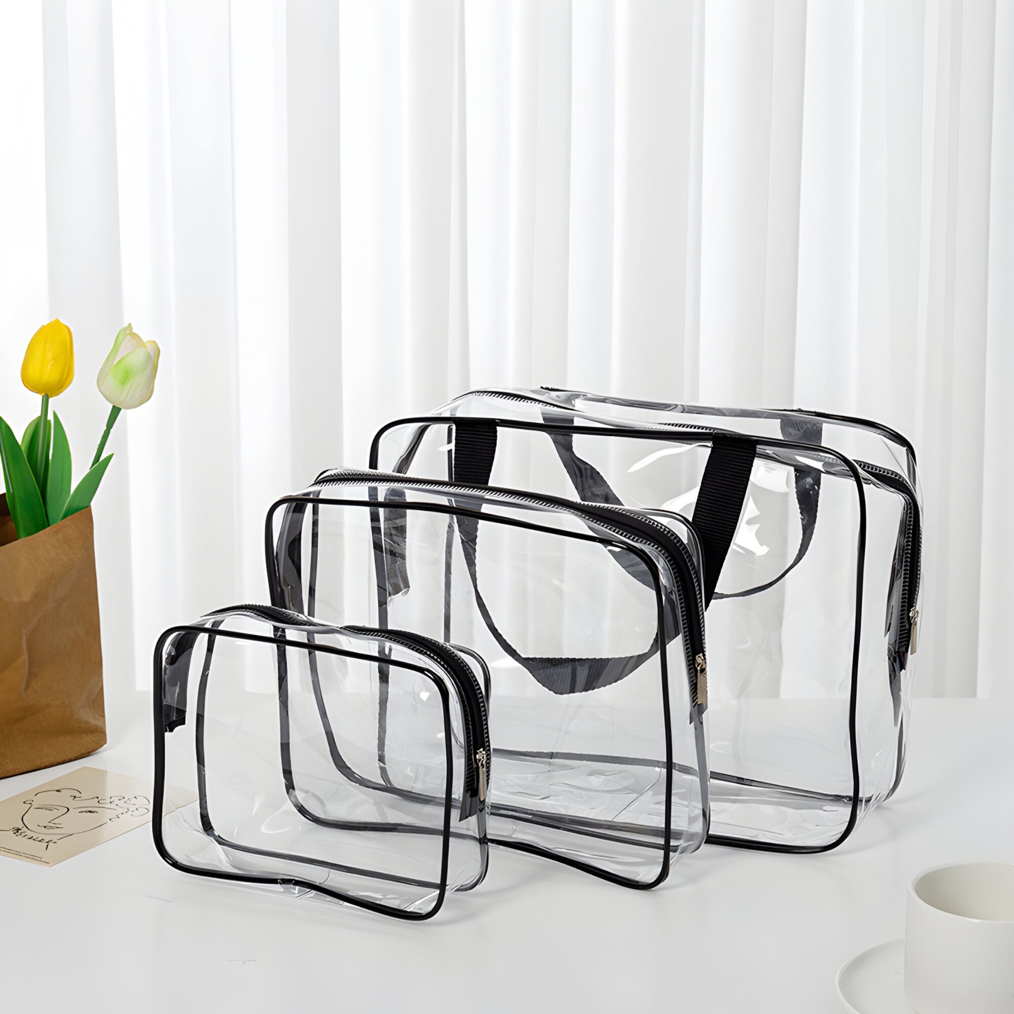 Set 3 x genti cosmetice, PVC, Transparent/Negru - eMAG.ro