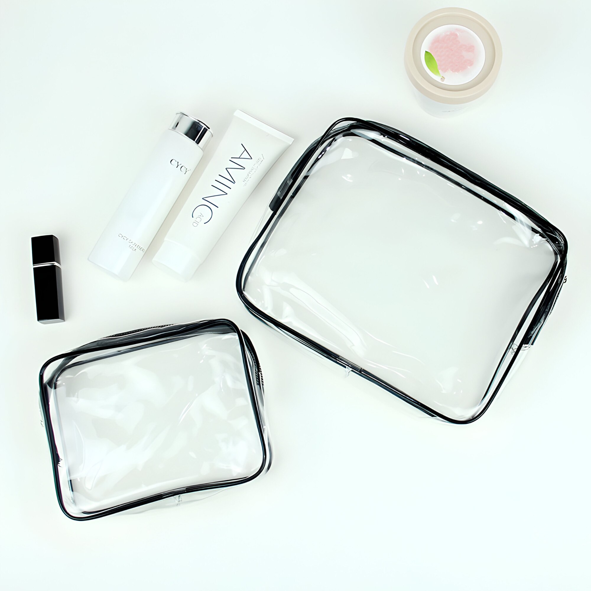 Set 3 x genti cosmetice, PVC, Transparent/Negru - eMAG.ro