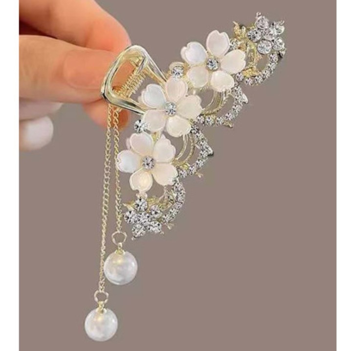 Clama de par cu flori si cristale, Auriu si Alb, lungimea 6cm - eMAG.ro