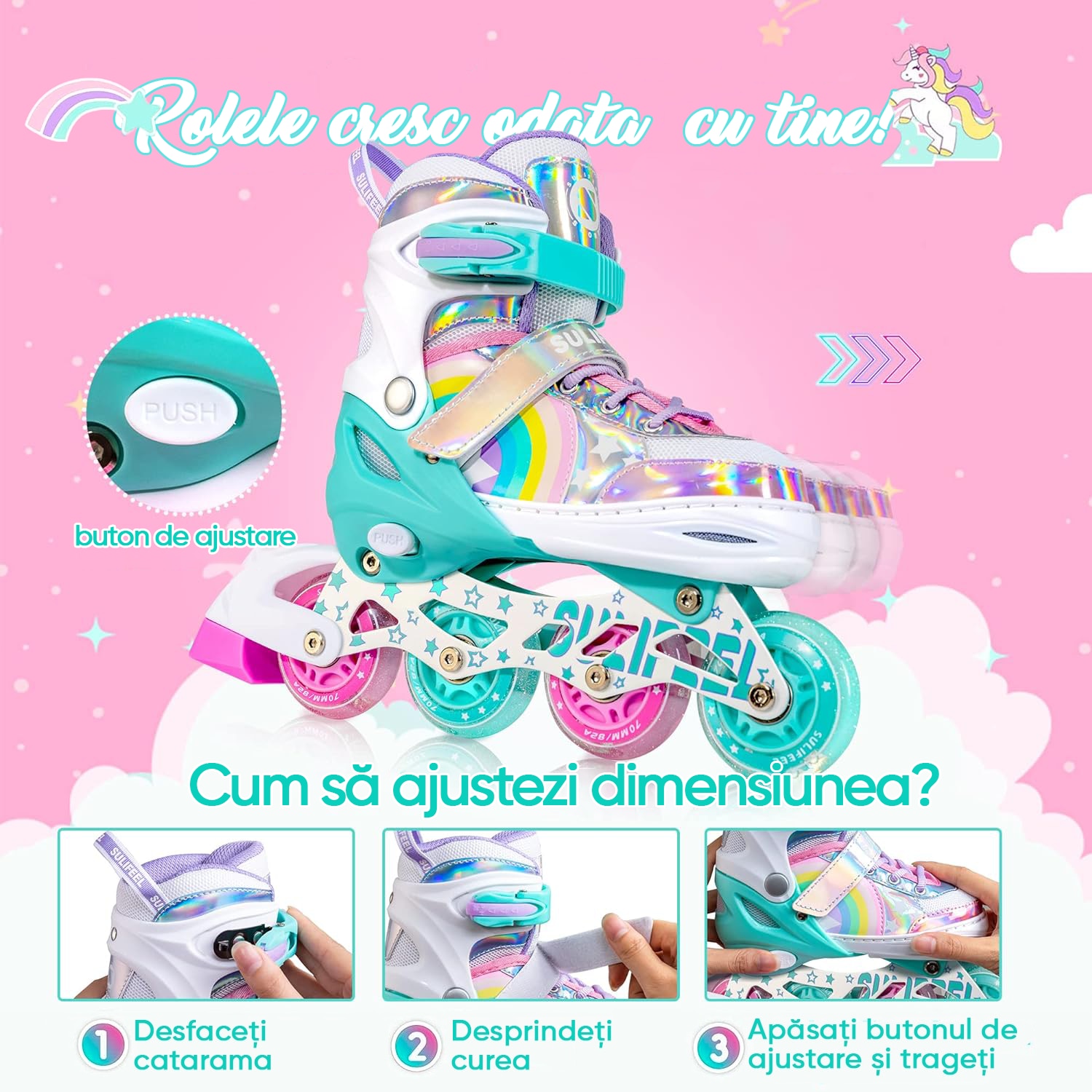 Role reglabile pentru copii si adulti, roti luminoase din silicon, 4 ...