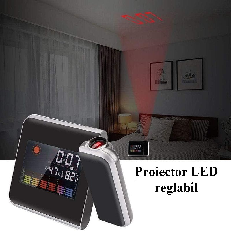 Ceas de birou, PROCART, proiector cu LED reglabil, ecran LCD, alarma ...