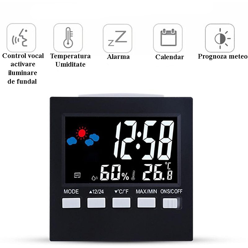 Ceas digital multifunctional de birou, PROCART, control vocal, functie ...