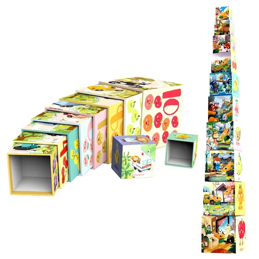 Jucarie educativa si interactiva turn din 10 cuburi cu cifre si animale ...