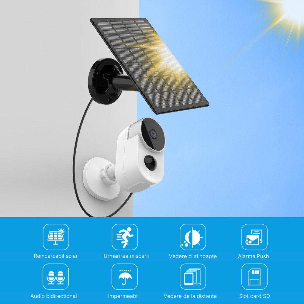 Camera de supraveghere cu panou solar MaGeCa®, Wi-Fi 2.4 Ghz, Baterie ...