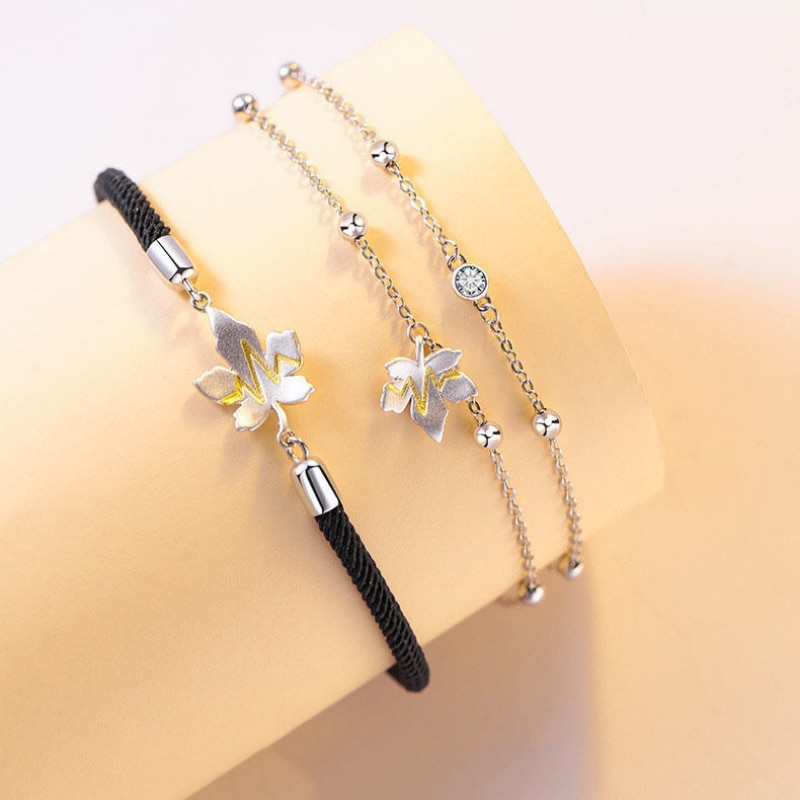 Set 2 bratari cuplu de frunze de artar, model batai de inima, reglabila ...