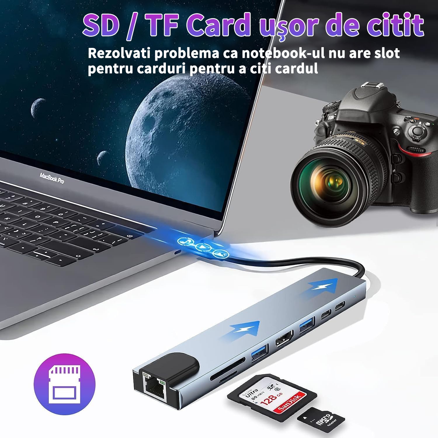 Adaptor HUB 8 in 1, Bolongking, Mufa de Intrare 3.0 si Type-C, 3 ...