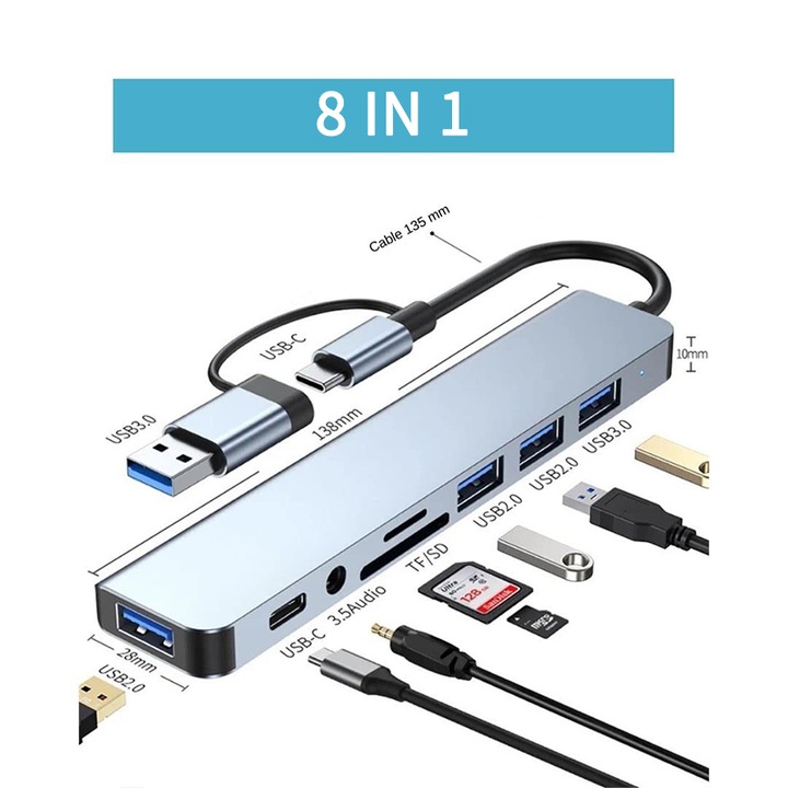 HUB USB C Adapter, USB 3.0, mufa de 3.5 mm, USB-C de mare viteza, TF ...