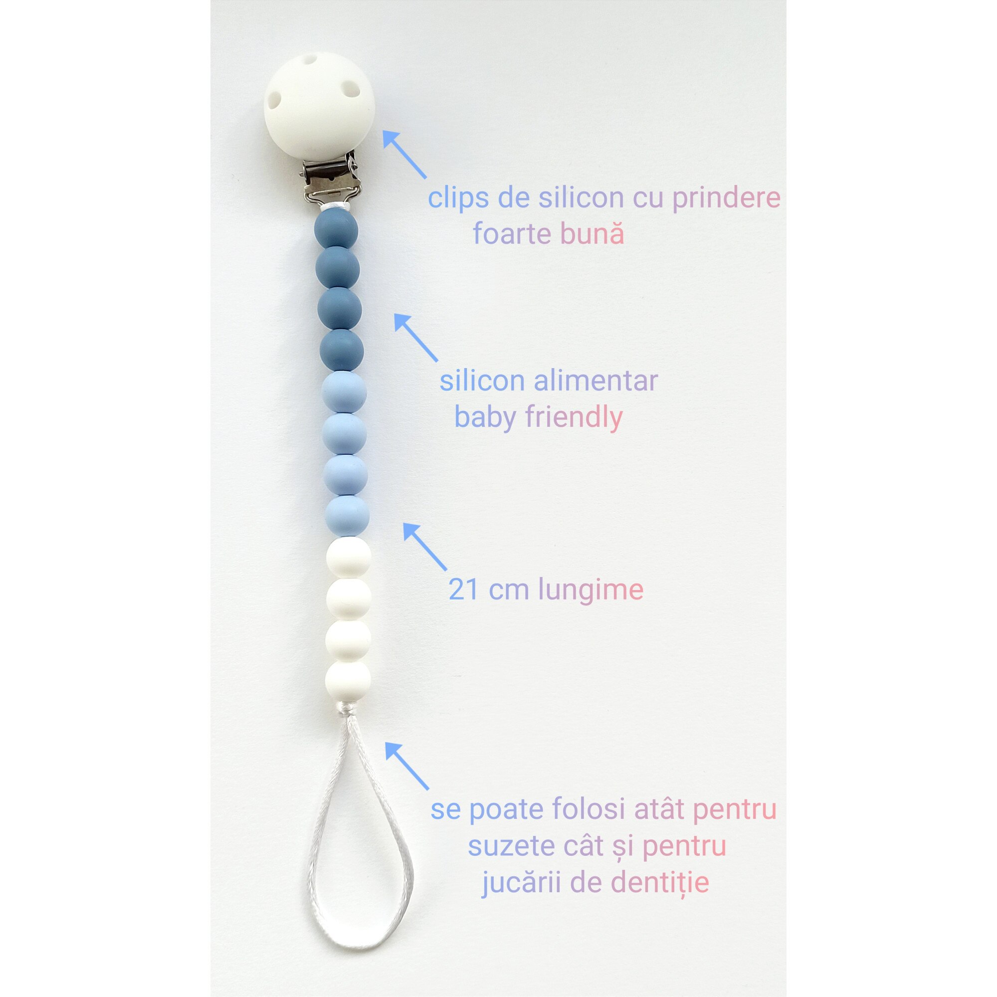 Lantisor pentru suzeta, handmade, silicon alimentar, albastru, 21 cm ...