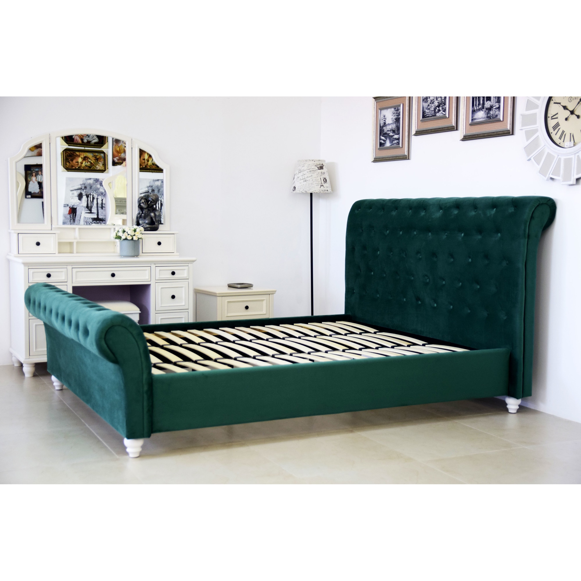 Pat Dormitor Model Silver 160x200 cm Tapitat Catifea Verde Somiera ...