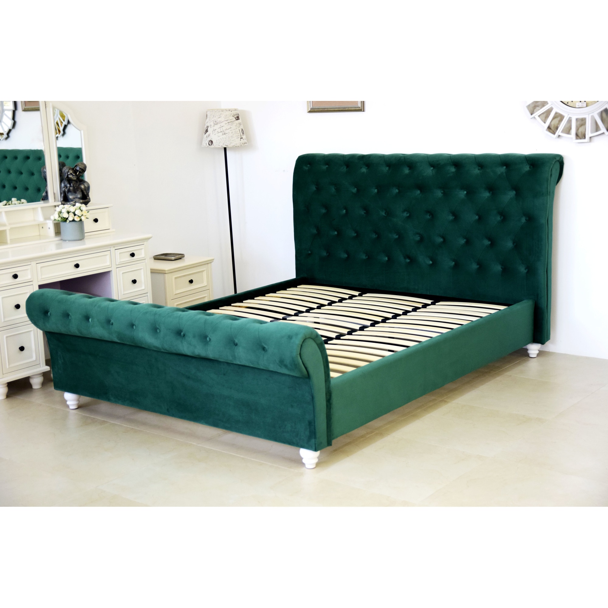 Pat Dormitor Model Silver 160x200 cm Tapitat Catifea Verde Somiera ...