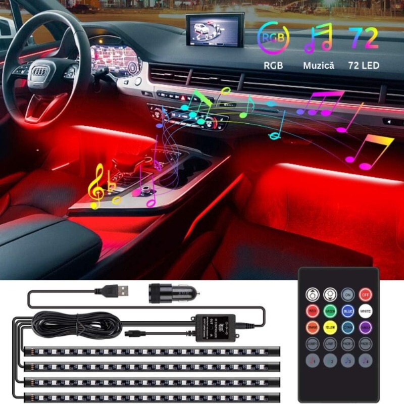 Set 2 x Iluminare Ambientala Auto Banda LED RGB Velixo®, Interior ...