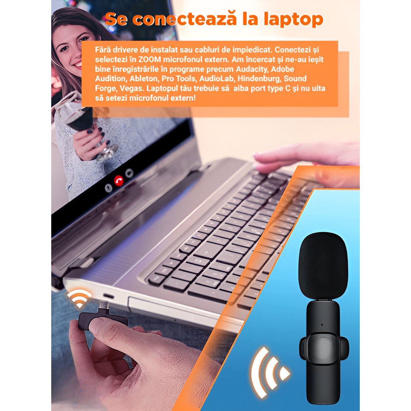 Microfon Lavaliera Profesionala Wireless Type C, portabil pentru ...