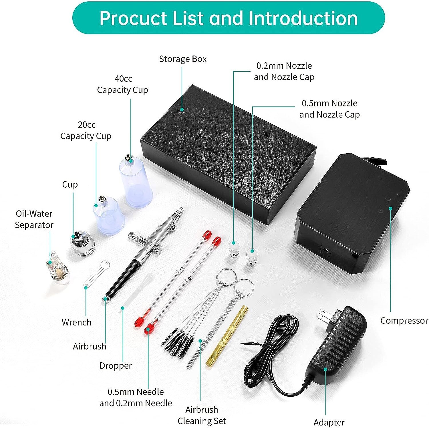 Airbrush Mini Compressor Kit, Комплект пистолет с дюза 0.2, 0.3 и 0.5 ...