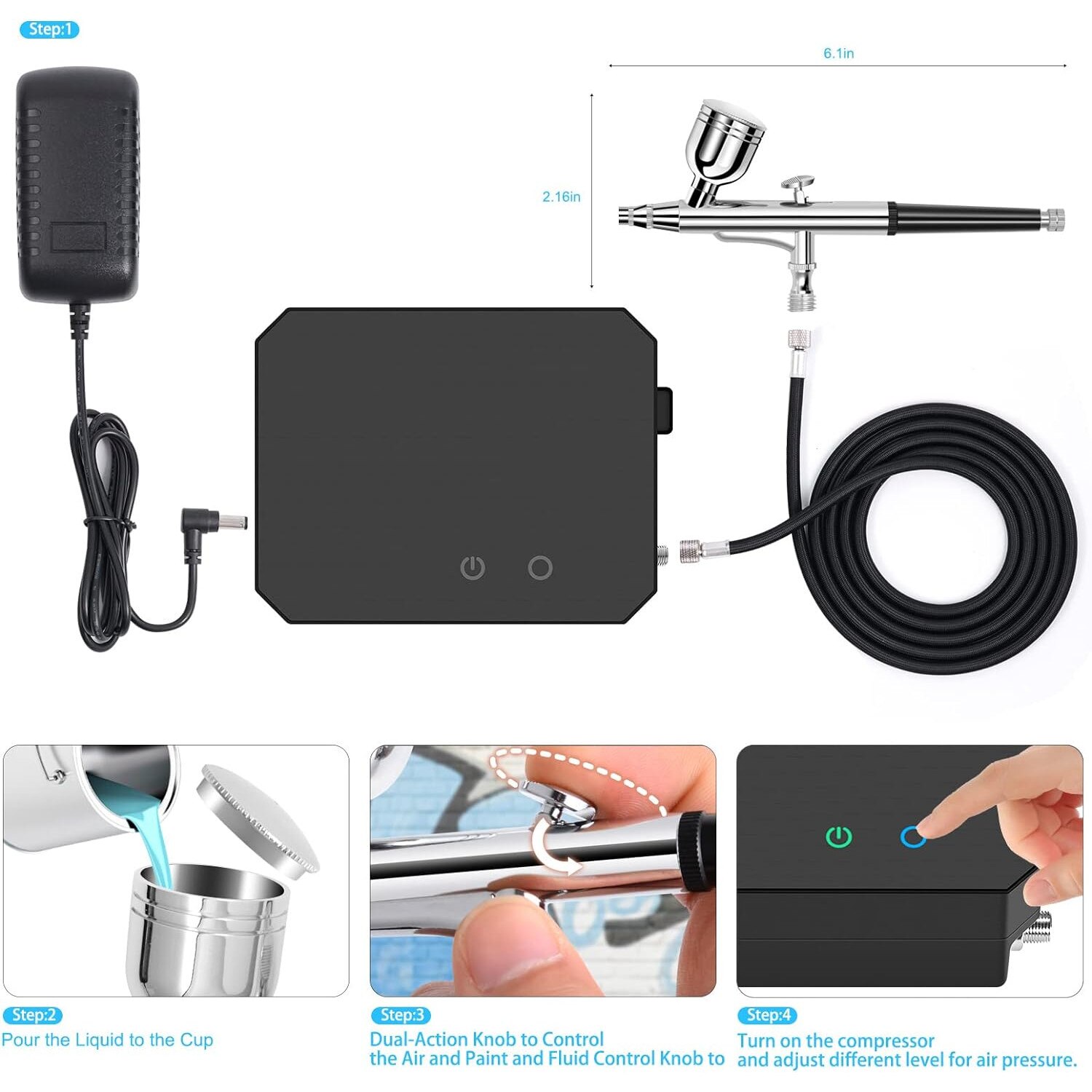 Airbrush Mini Compressor Kit, Airbrush с дюза 0.2, 0.3 и 0.5 mm ...