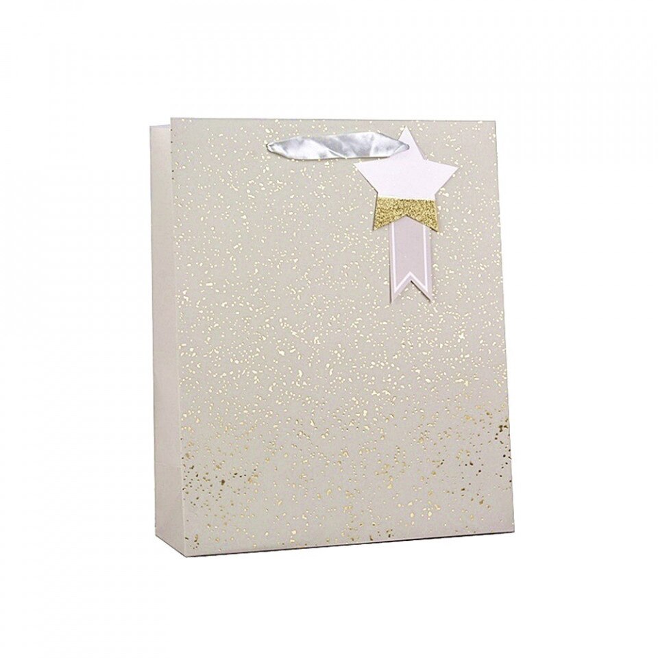 Sacosa hartie cadou cu sclipici - fundal bej, 26 x 36 x 12 cm - eMAG.ro